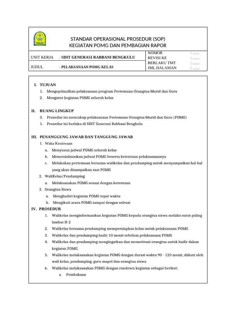 SOP Pelaksanaan POMG SDIT Rabbani | PDF