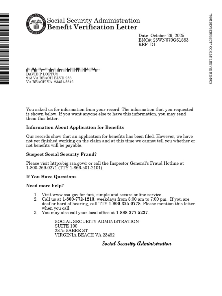 Social Security Benefit Verification Letter | PDF