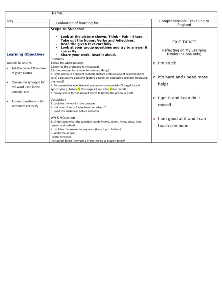 Exit Ticket Comprehension | PDF | Verb | Noun
