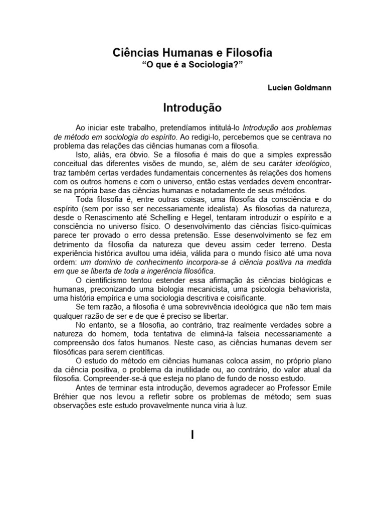 GOLDMANN, Lucien. Ciências Humanas e Filosofia | PDF | Sociologia ...