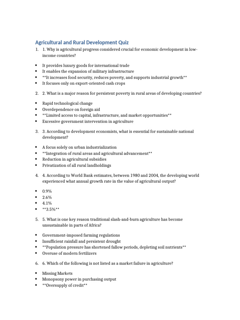 Agricultural Development Quiz Insights | PDF | Agriculture | Farms