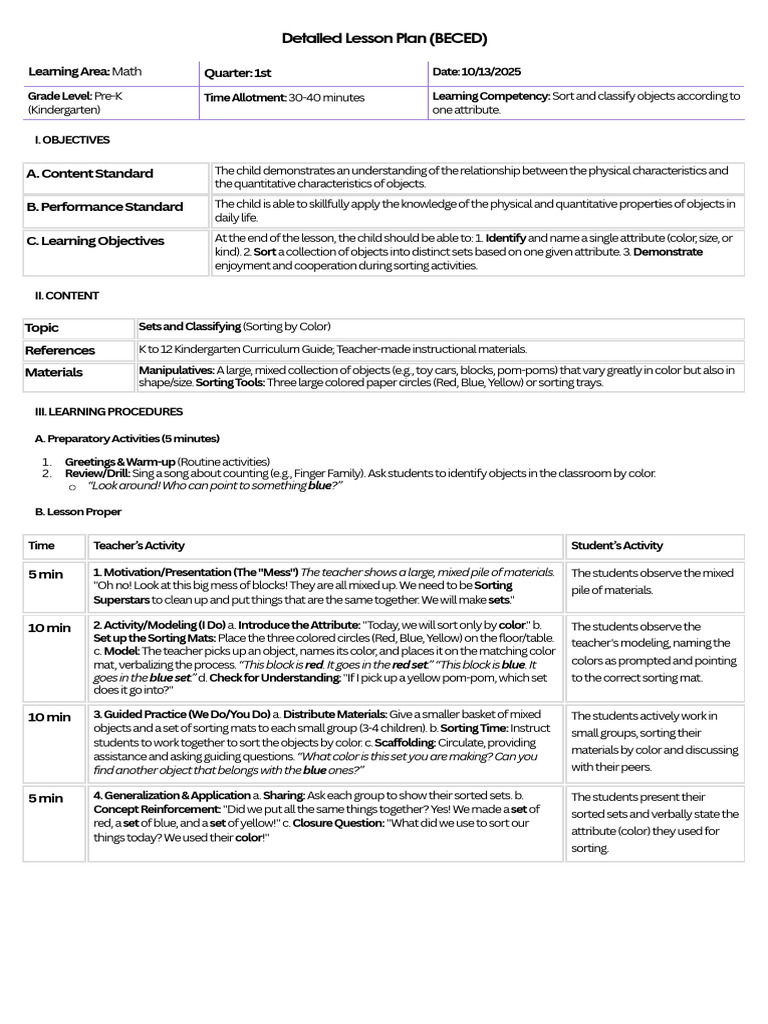 Detailed Lesson Plan (Sets and Classifying) | PDF | Lesson Plan | Learning