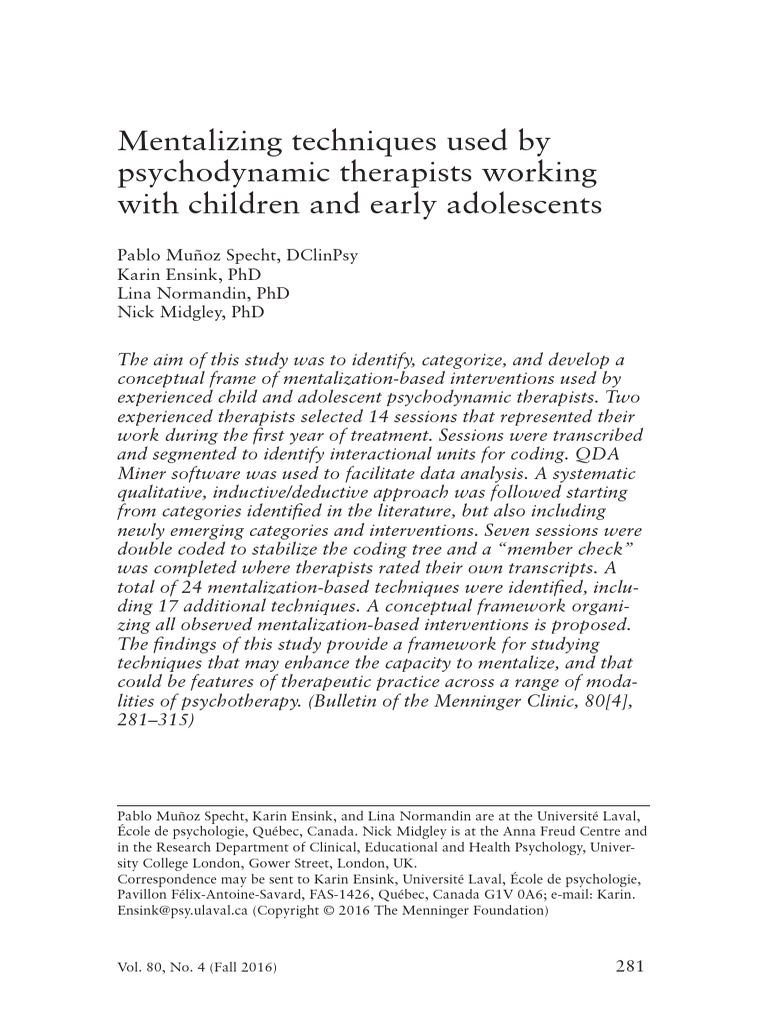 Mentalizing Techniques Used by Psychodynamic Therapists Working With ...