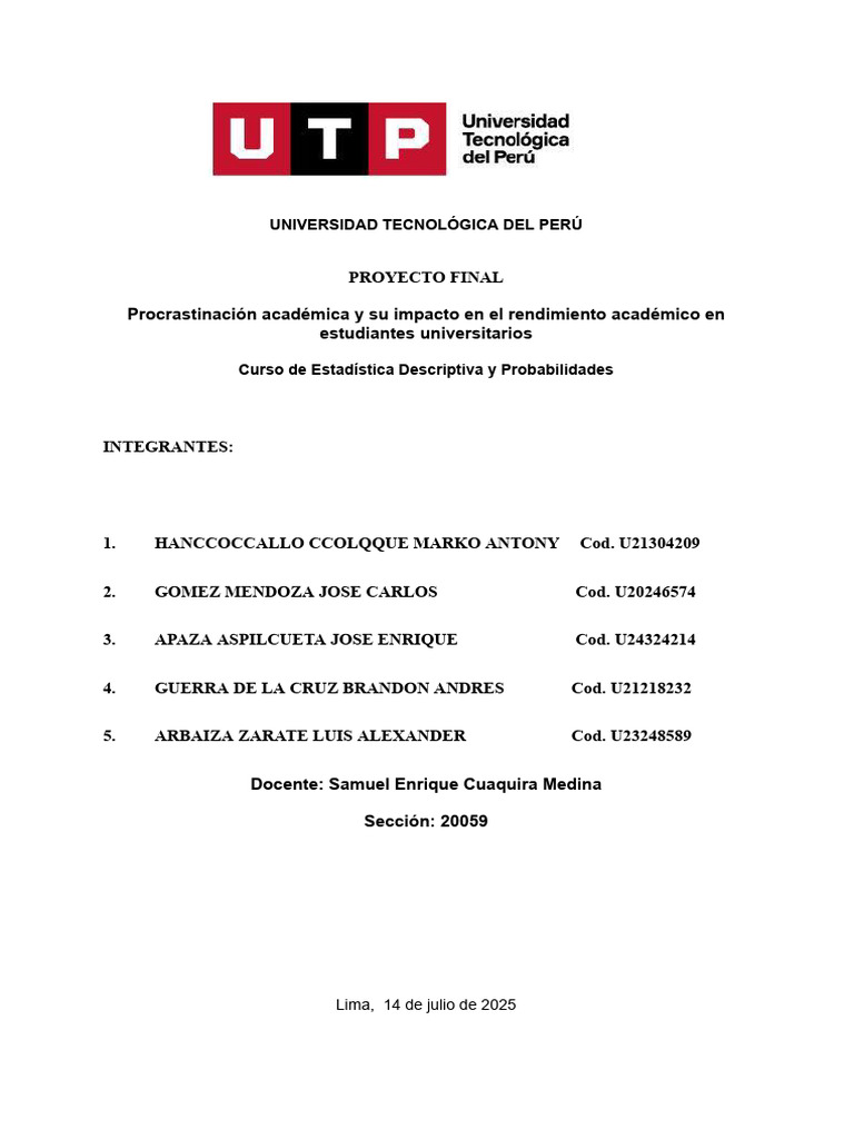 Proyecto Final Estadistica.docx | PDF | Dilación | Habilidades profesionales