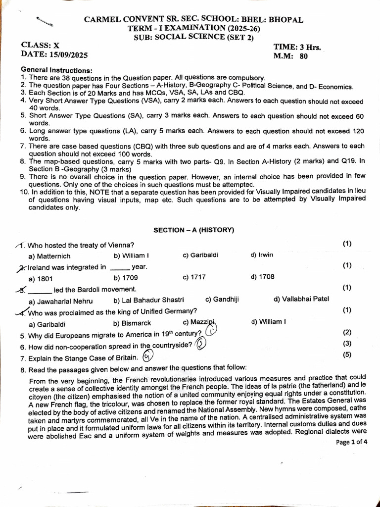 X Carmel Convent School - Half Yearly Paper | PDF