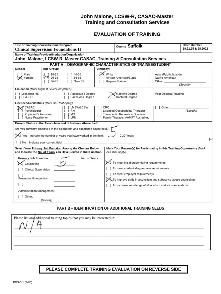 OASAS Blank Training Eval 10 22 Copy | PDF | Psychologist | Social Programs