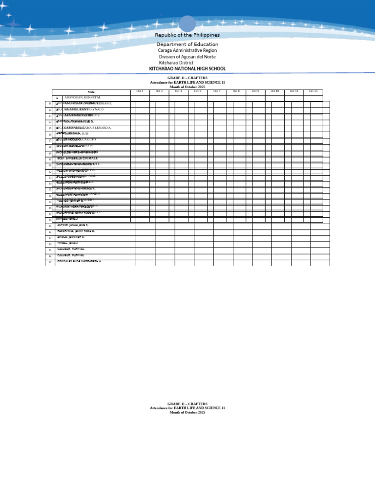 October Attendance Sheet Grade 11 CRAFTERS 2025-1016 | PDF