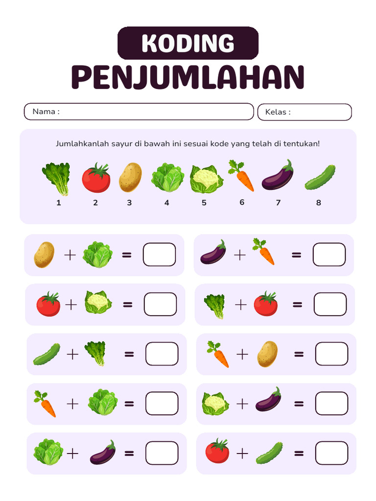 Koding Penjumlahan Lembar Kerja Warna Warni Ilustratif | PDF