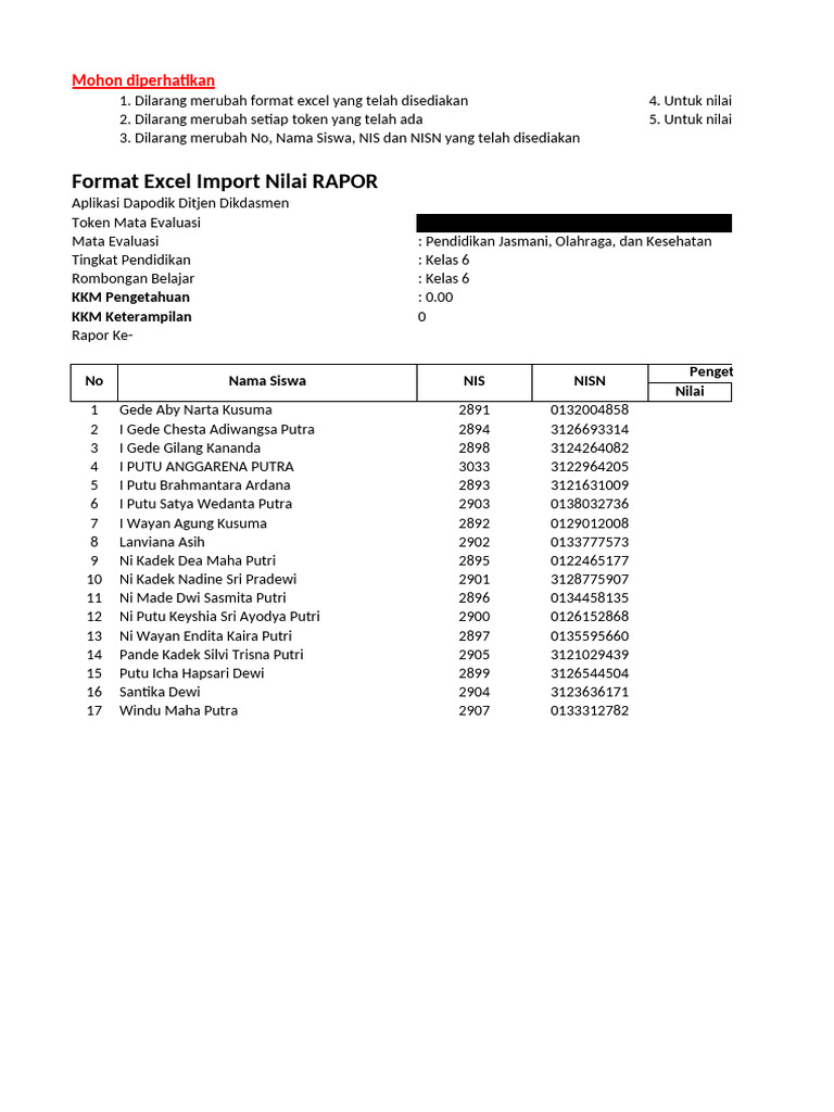 Panduan Format Excel Nilai RAPOR Kelas 6 | PDF