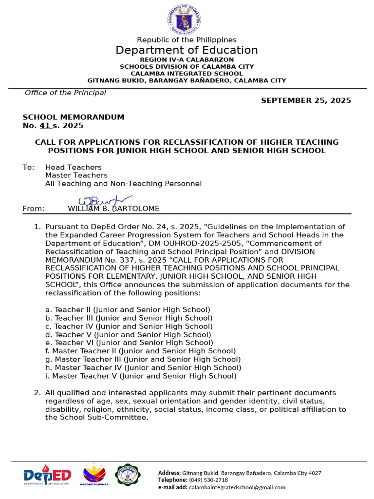 041 S2025-Reclassification of Higher Teaching Position | PDF | Teachers