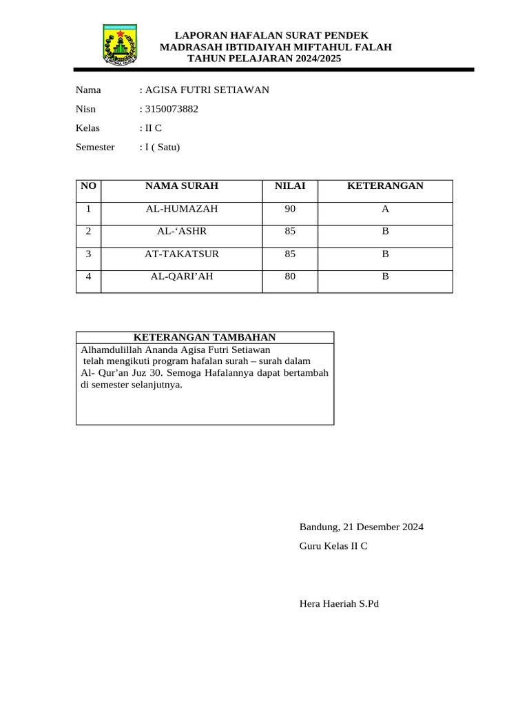 Laporan Hafalan Surat Pendek MI Miftahul Falah | PDF