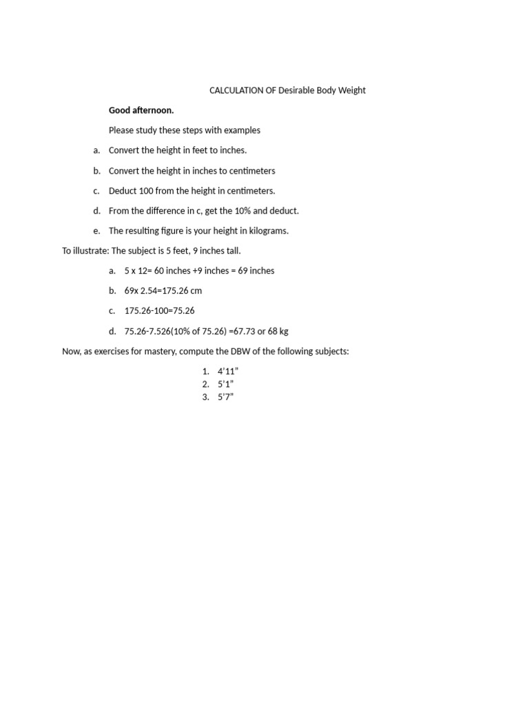 Bsph a and b Calculation of Desirable Body Weight 2 | PDF