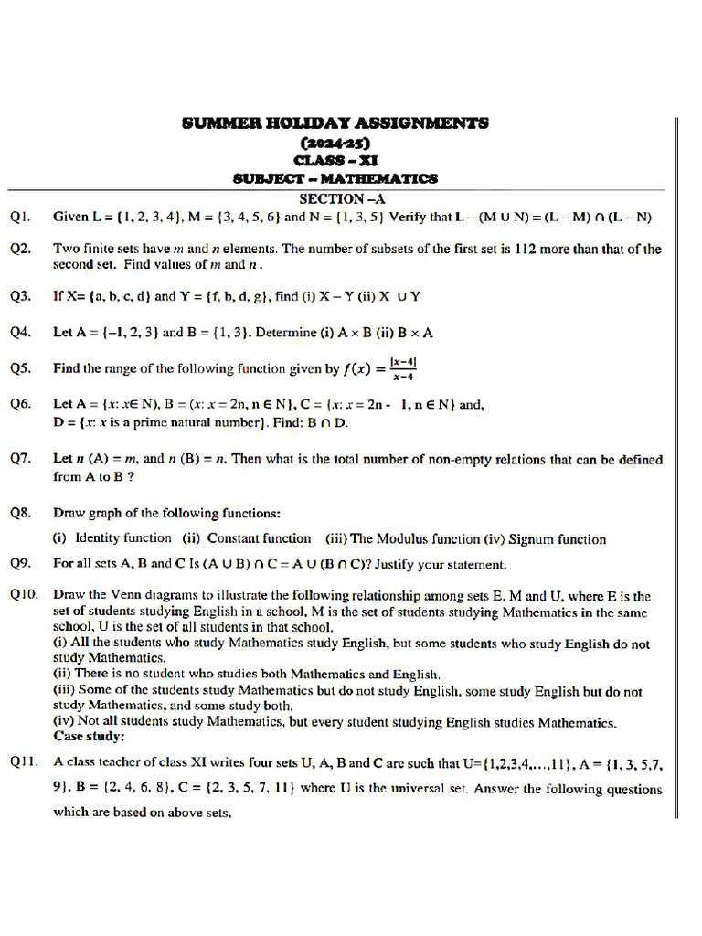 Maths Holiday Homework Class XI 2024...... | PDF