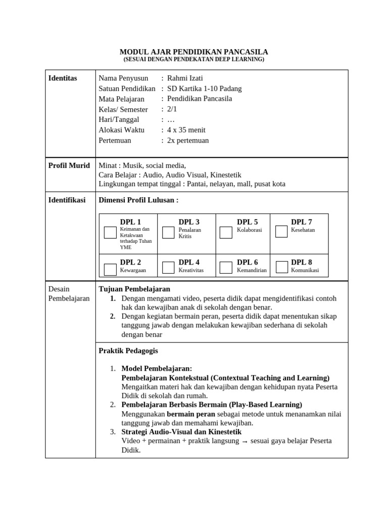 Modul Ajar (PM) P.pancasila - 14. Hak Dan Kewajiban Di Sekolah | PDF
