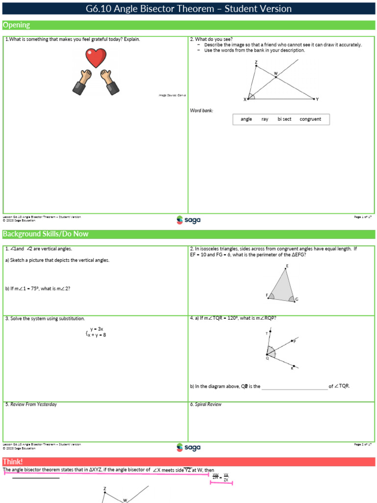 G6.10 Angle Bisector Theorem - Student Version PDF | PDF | Triangle ...