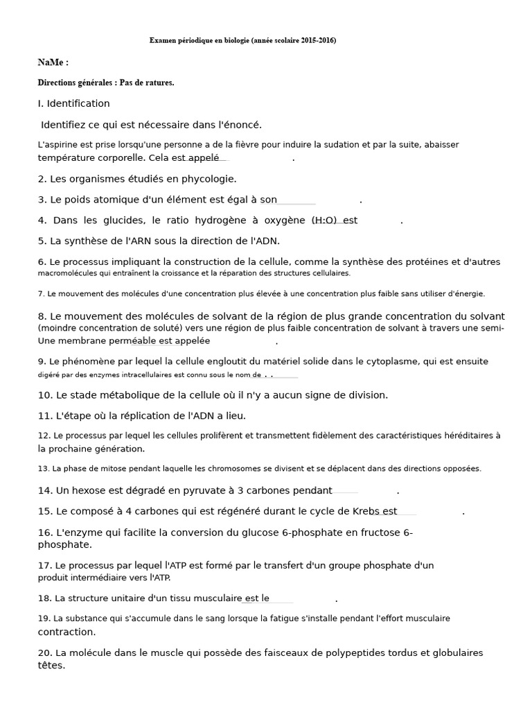 Examen de biologie : Concepts clés et processus | PDF | Muscle | Muscle ...
