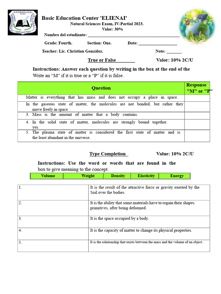 Natural Science Exam 4th Grade 2023 IV-Partial | PDF | Matter | Machines