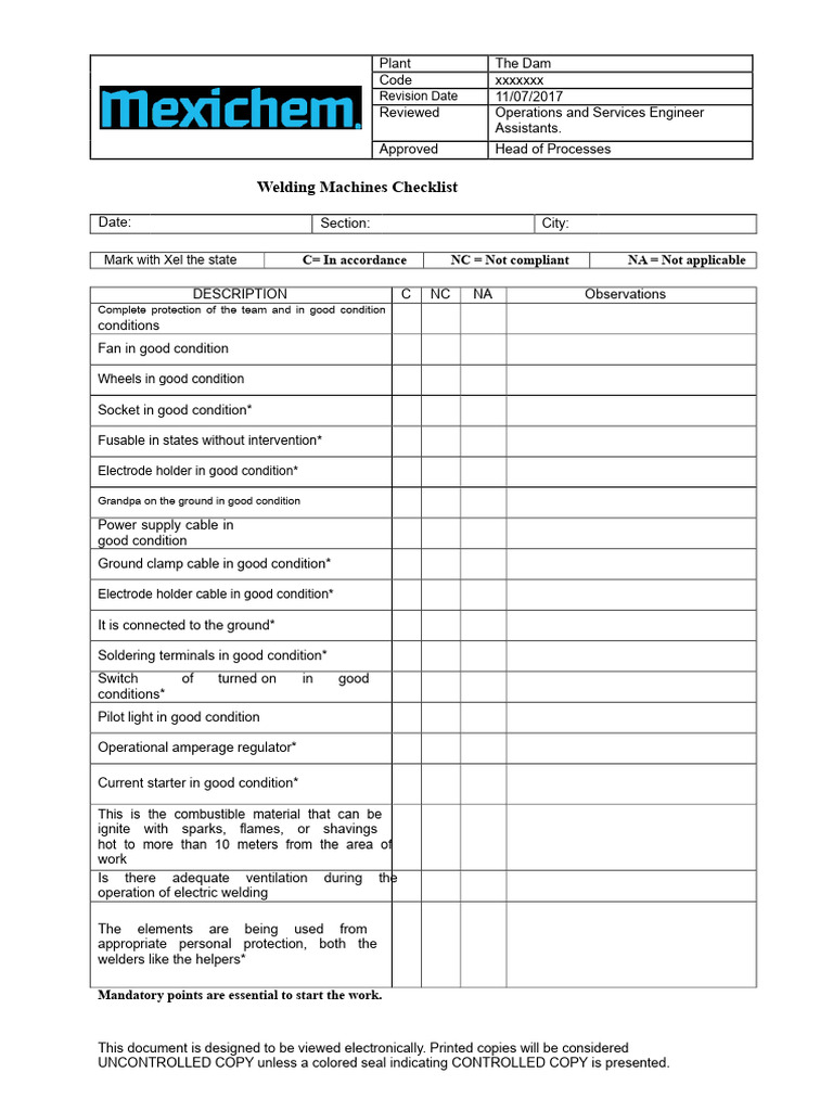 Welding Machines Checklist | PDF