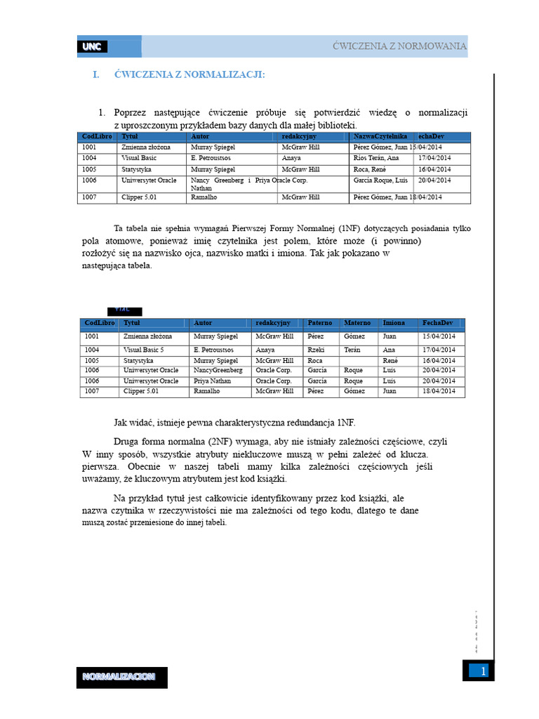 Ćwiczenia Normalizacja Bazy Danych | PDF