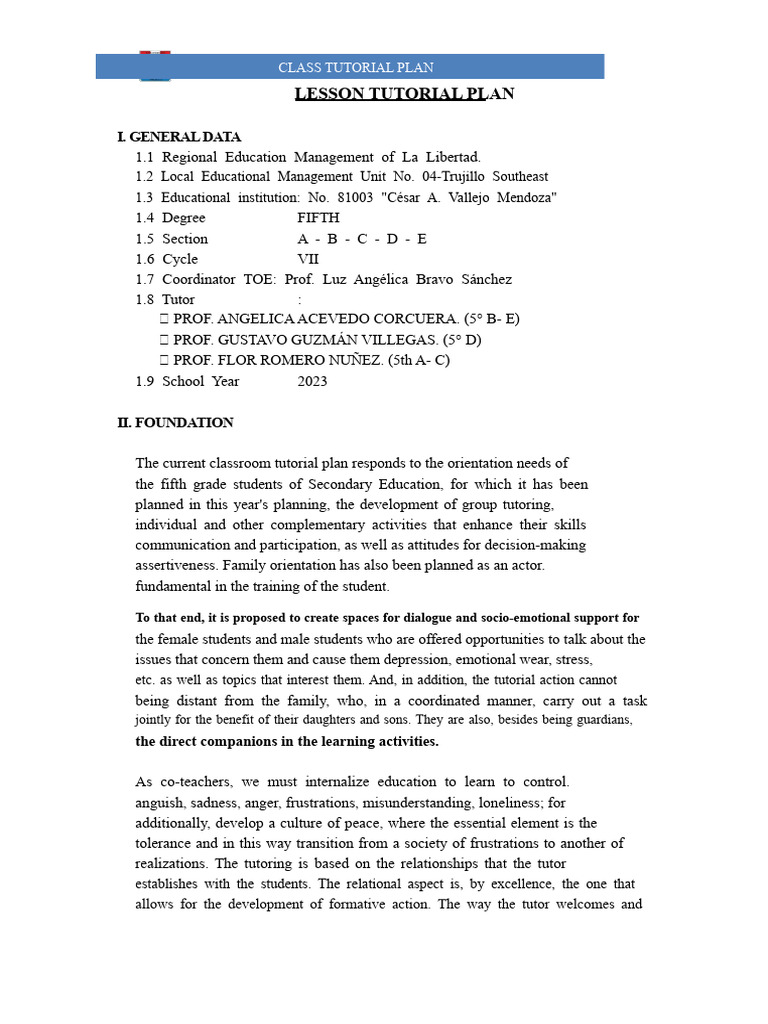 Fifth Grade Classroom Tutorial Plan | PDF | Violence | Learning