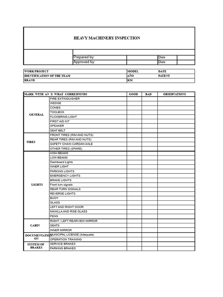 Transport and Lifting of Cargo Heavy Machinery Checklist | PDF | Tire | Car