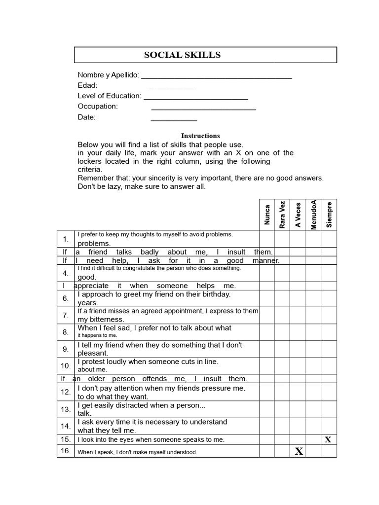 Social Skills Assessment Questionnaire | PDF | Thought | Psychological ...