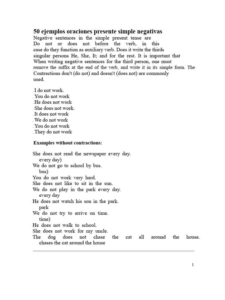 50 Negative Sentences in Simple Present | PDF