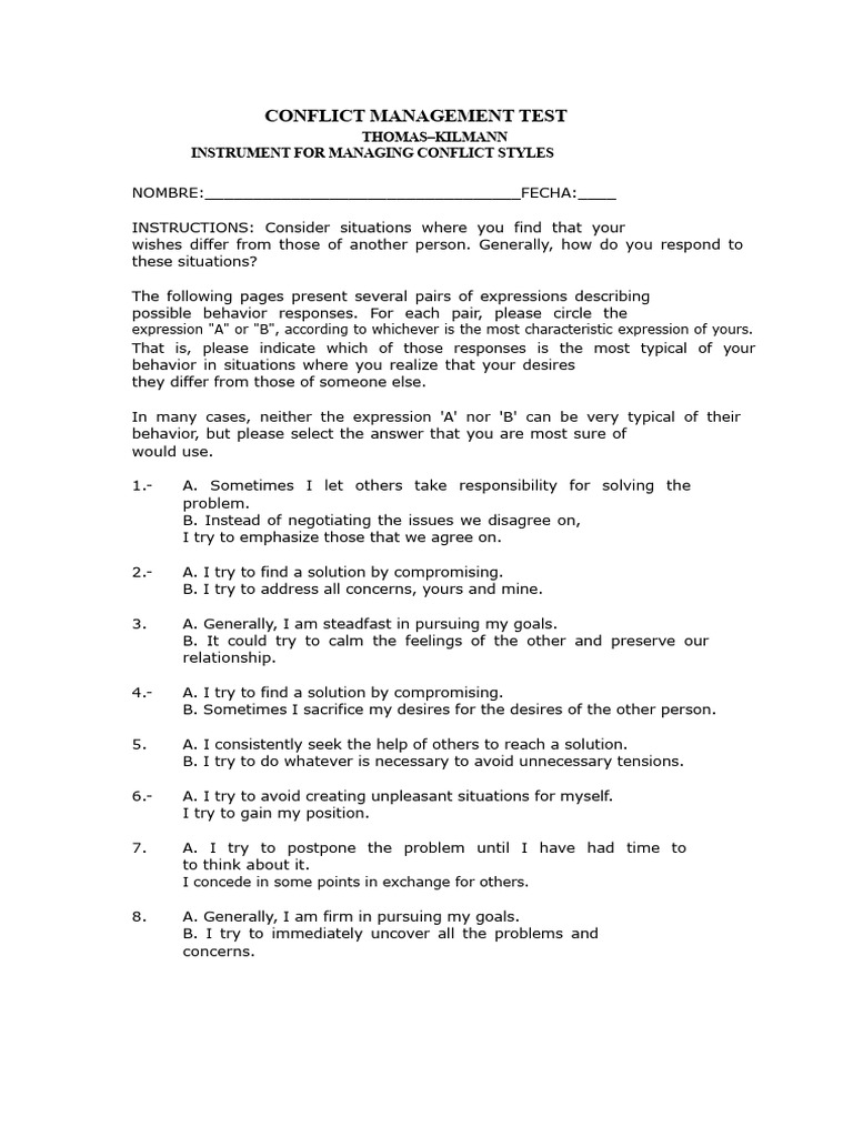Conflict Management Test PDF | PDF | Negotiation | Behavioural Sciences