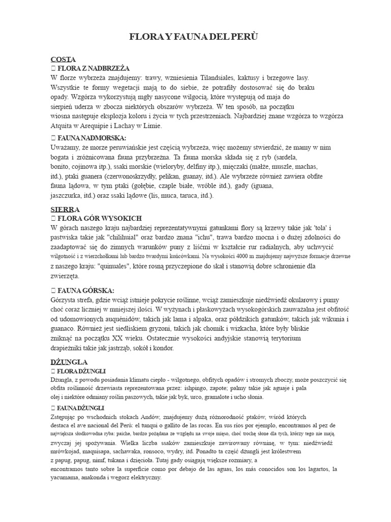 Flora i fauna Peru Mapa koncepcyjny i pytania | PDF