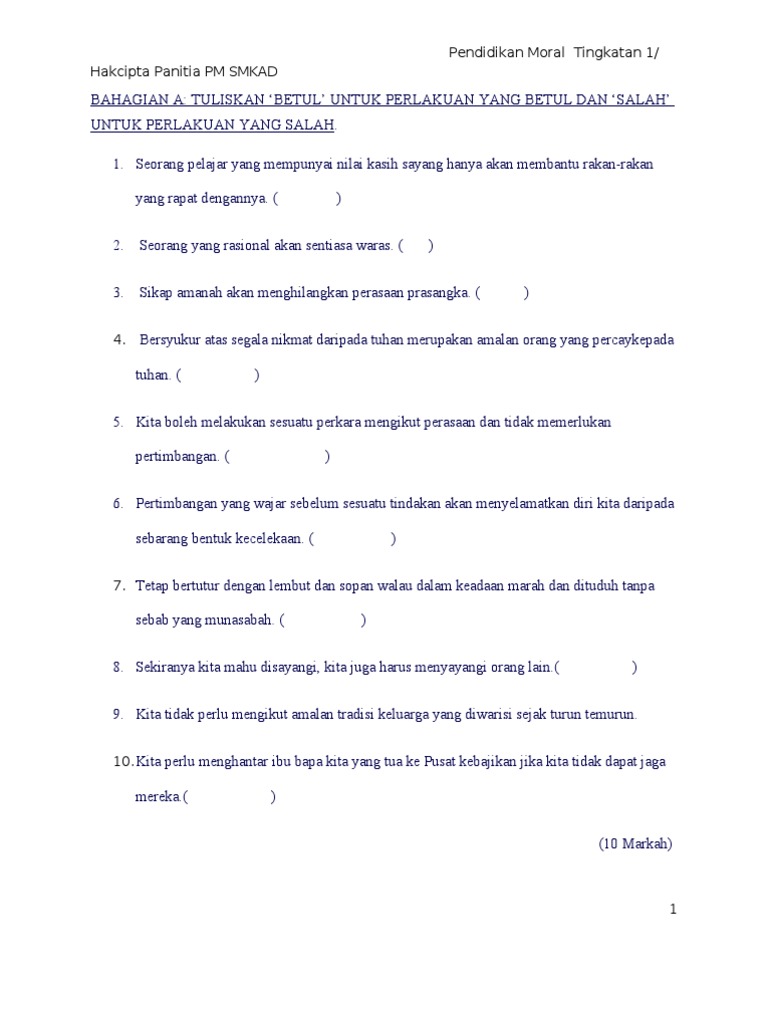 Soalan Moral Tingkatan 1 | PDF