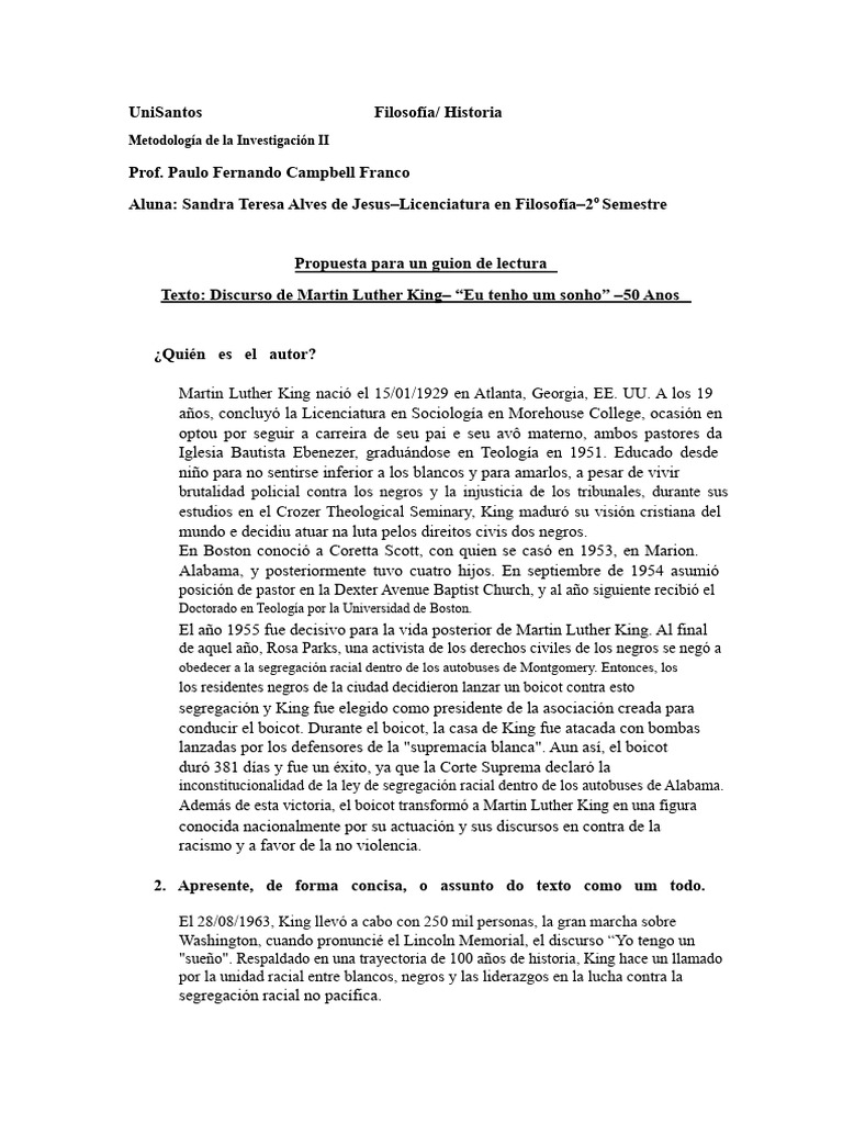 Análisis del discurso "Tengo un sueño" | PDF | Martin Luther King hijo ...