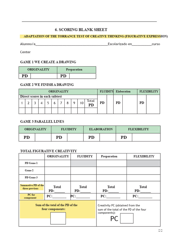 Torrance Test Scoring Sheet Template | PDF