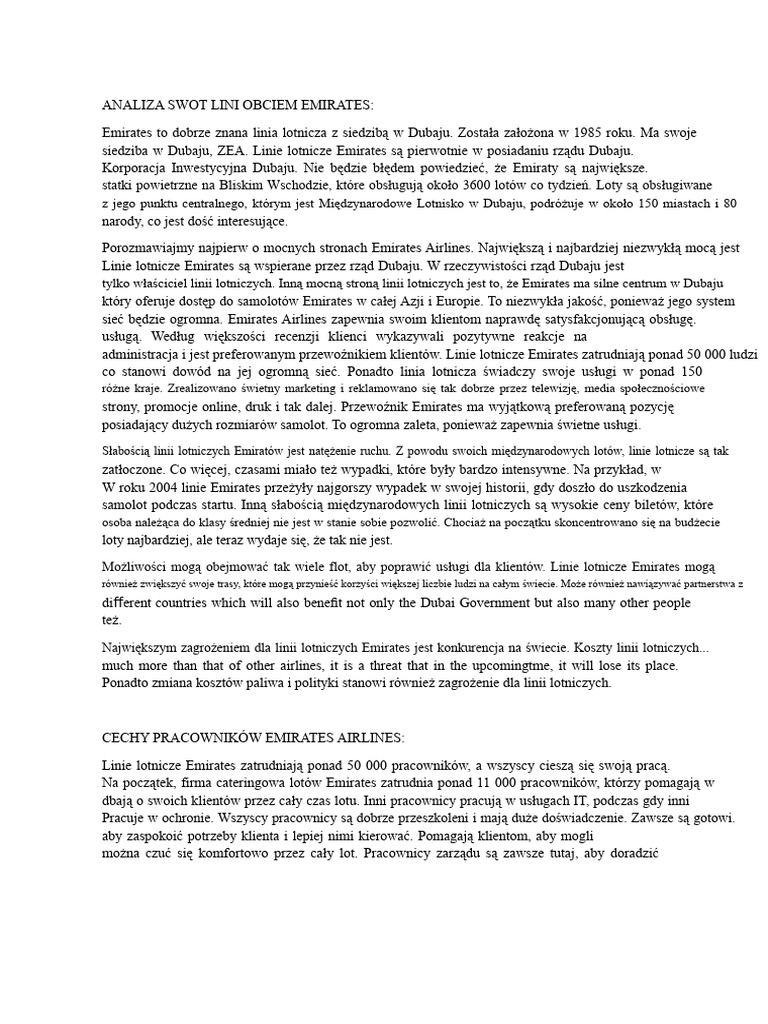 Analiza SWOT Linii Lotniczych Emirates | PDF