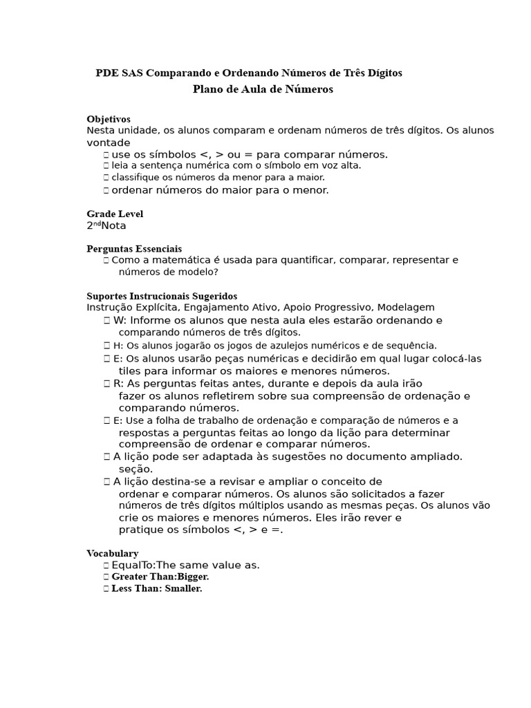 PDE SAS Comparando e Ordenando Números de Três Dígitos Plano de Aula | PDF