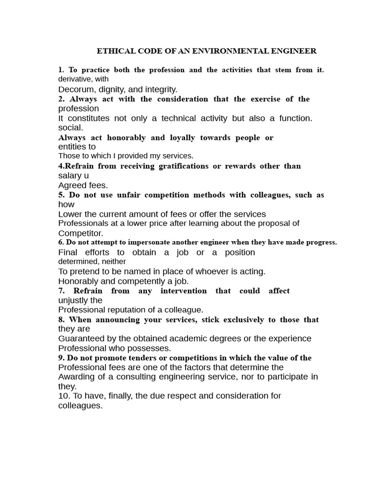 Environmental Engineer Ethical Code | PDF | Well Being | Integrity