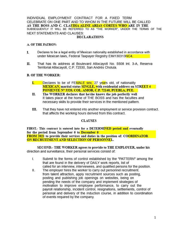 Human Resources Contract Format | PDF | Employment | Salary
