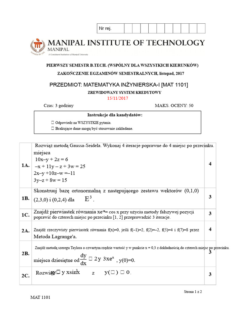 Matematyka Inżynieryjna I (MATH 1101) RCS | PDF