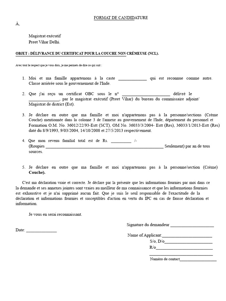 Formulaire de Demande NCL Et Formulaire OBC Et Affidavit | PDF | Certificat de naissance