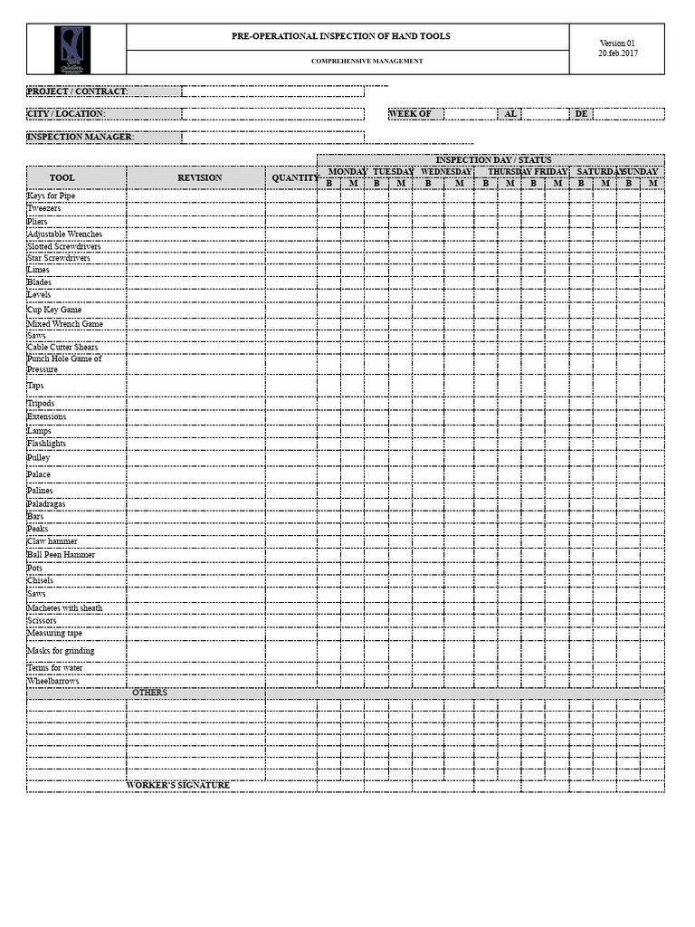 Pre-Operational Tool Inspection Checklist | PDF | Tools