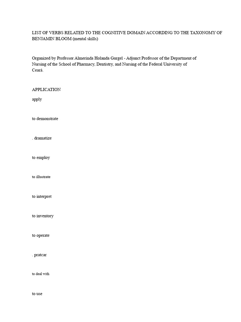 List of Verbs Related To The Cognitive Domain According To Benjamin ...