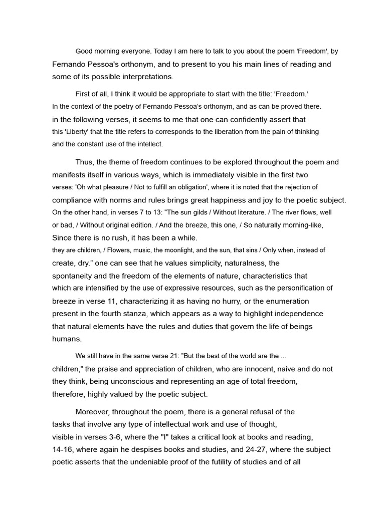 Analyzing Fernando Pessoa's "Freedom" Poem | PDF | Poetry | Metre (Poetry)