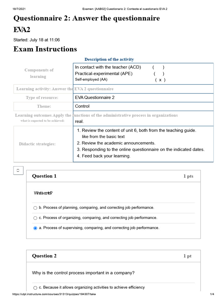 Exam_ [AAB02] Questionnaire 2_ Answer the EVA 2 Questionnaire | PDF | Questionnaire | Level Of ...