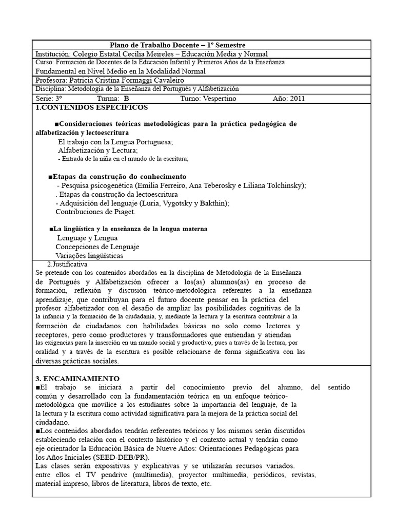 Plan de Trabajo de La Disciplina de Alfabetización y Lectoescritura ...