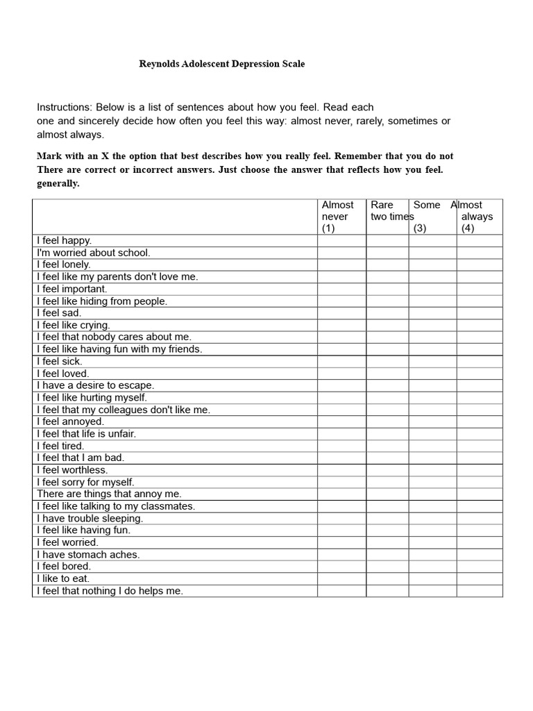Reynolds Adolescent Depression Scale Guide | PDF