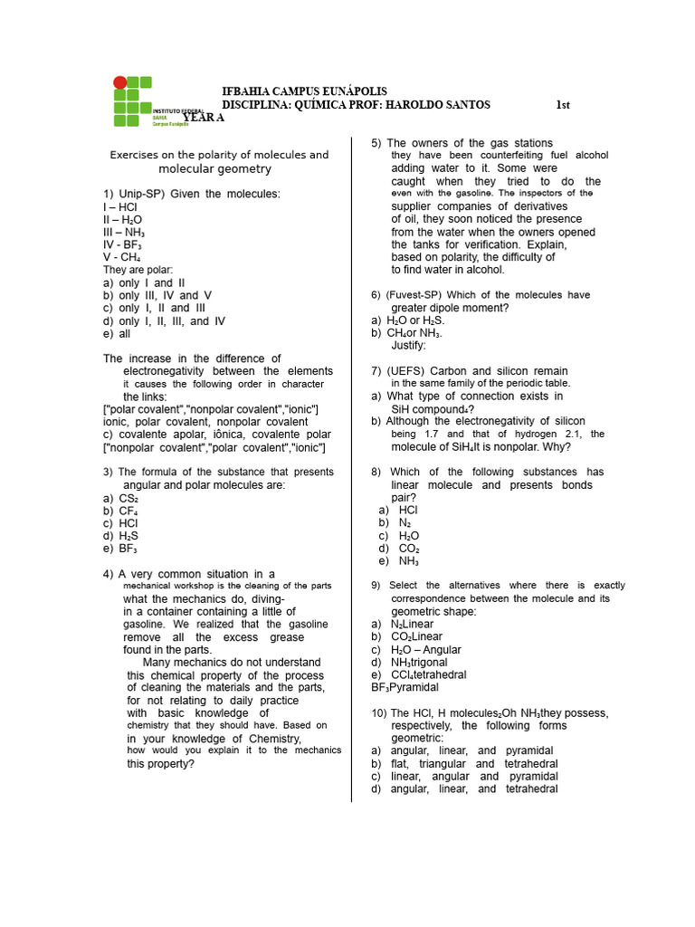 Polarity and Molecular Geometry Exercises | PDF | Chemical Polarity ...