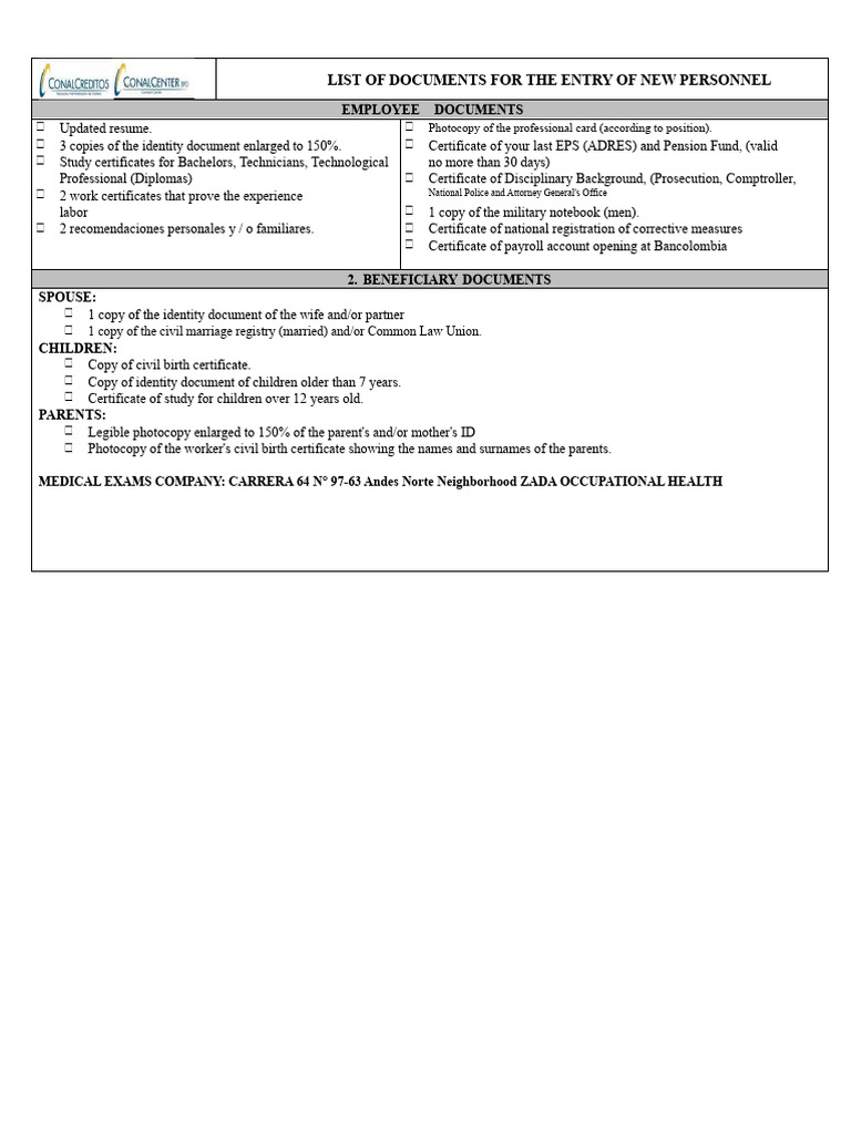 List of Documents For Personnel Intake | PDF