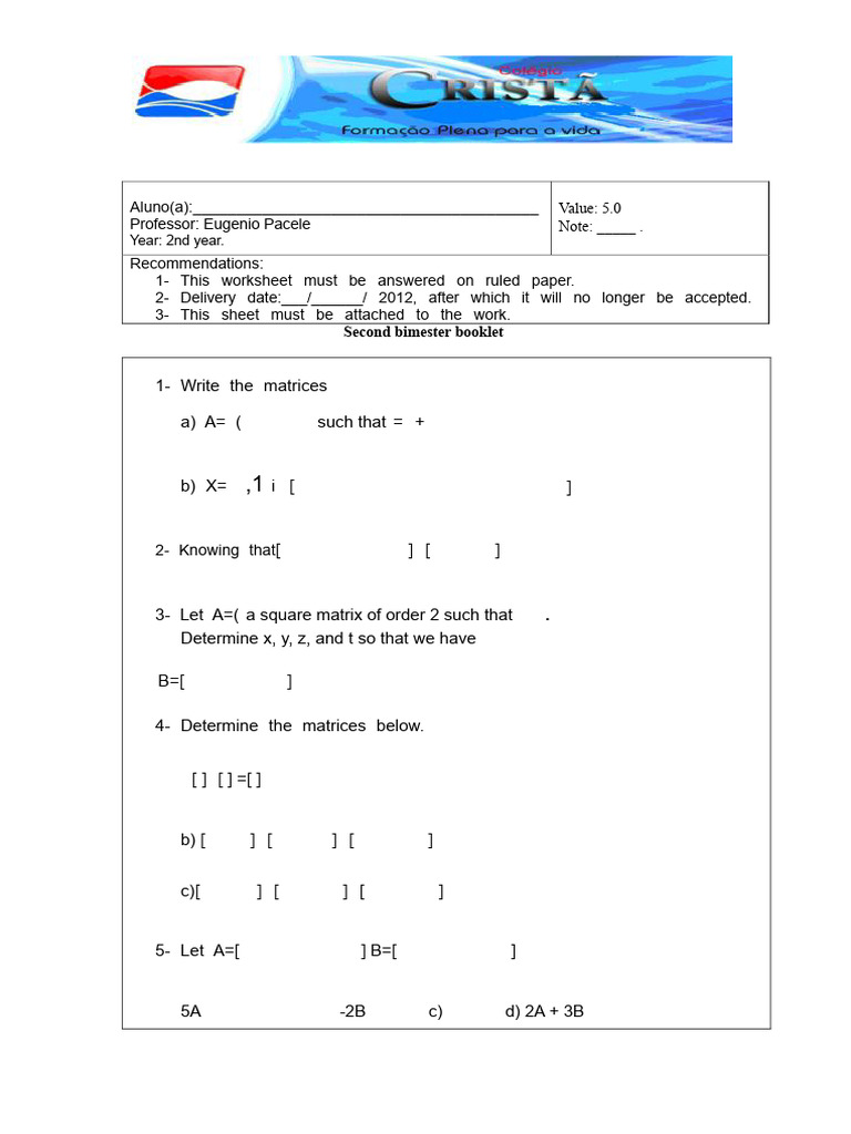 List of Math Exercises On Matrices and Determinants For The 2nd Year of ...