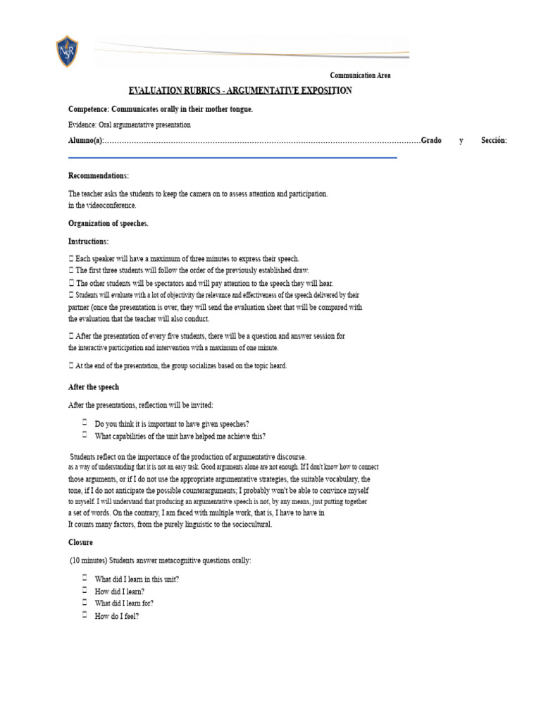 EVALUATION RUBRIC For Argumentative Oral Text | PDF | Communication ...