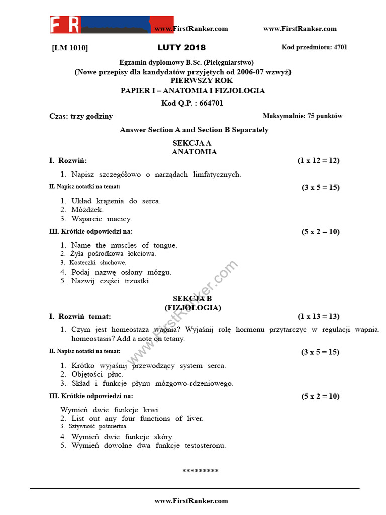 B.SC Pielęgniarstwo - 2018 - Zadania Egzaminacyjne - Pierwszy Rok - Anatomia I Fizjologia FR 1 ...