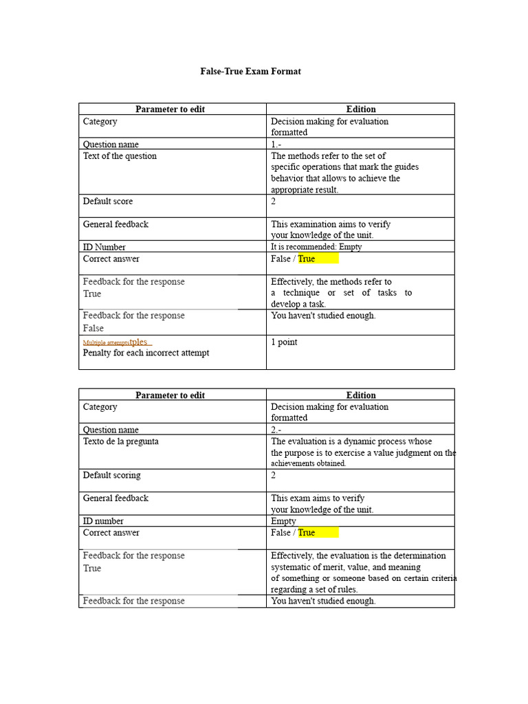 False-True Exam Format | PDF | Evaluation | Cognitive Science